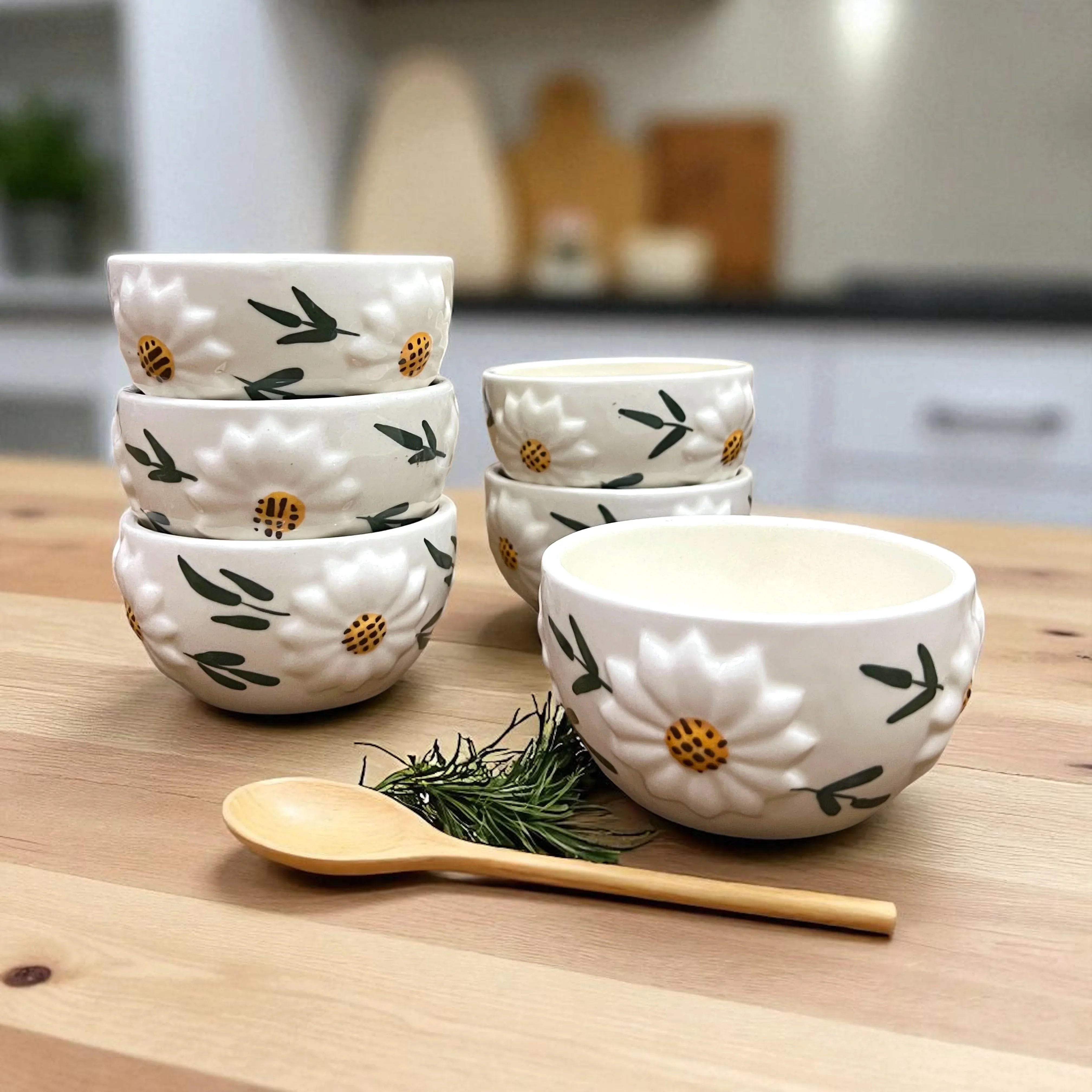 Daisy Bloom Embossed Ceramic Bowls (Set of 6) | Dessert & Snack Bowls ...
